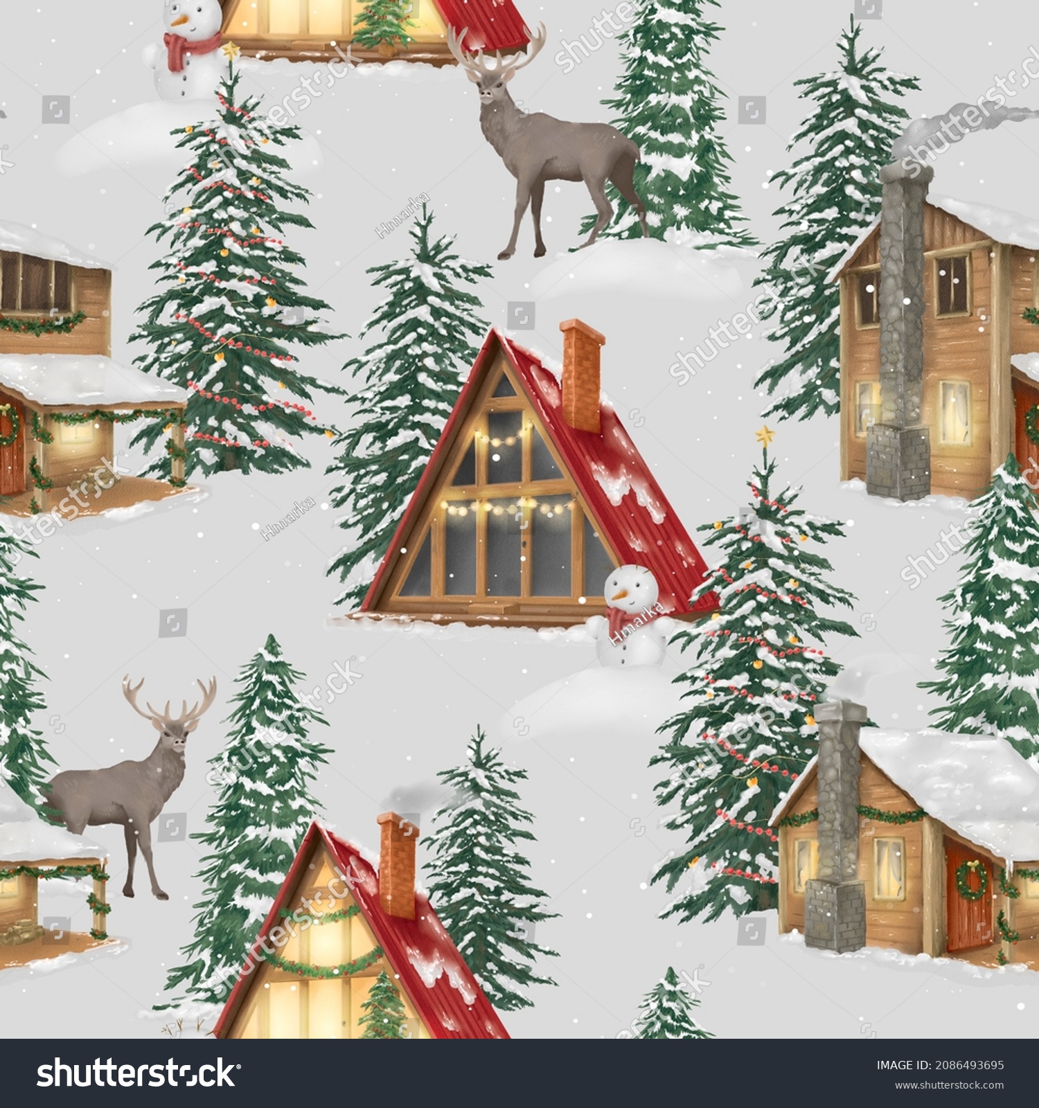 seamless watercolor pattern with holiday cabins winter forest and deer ...