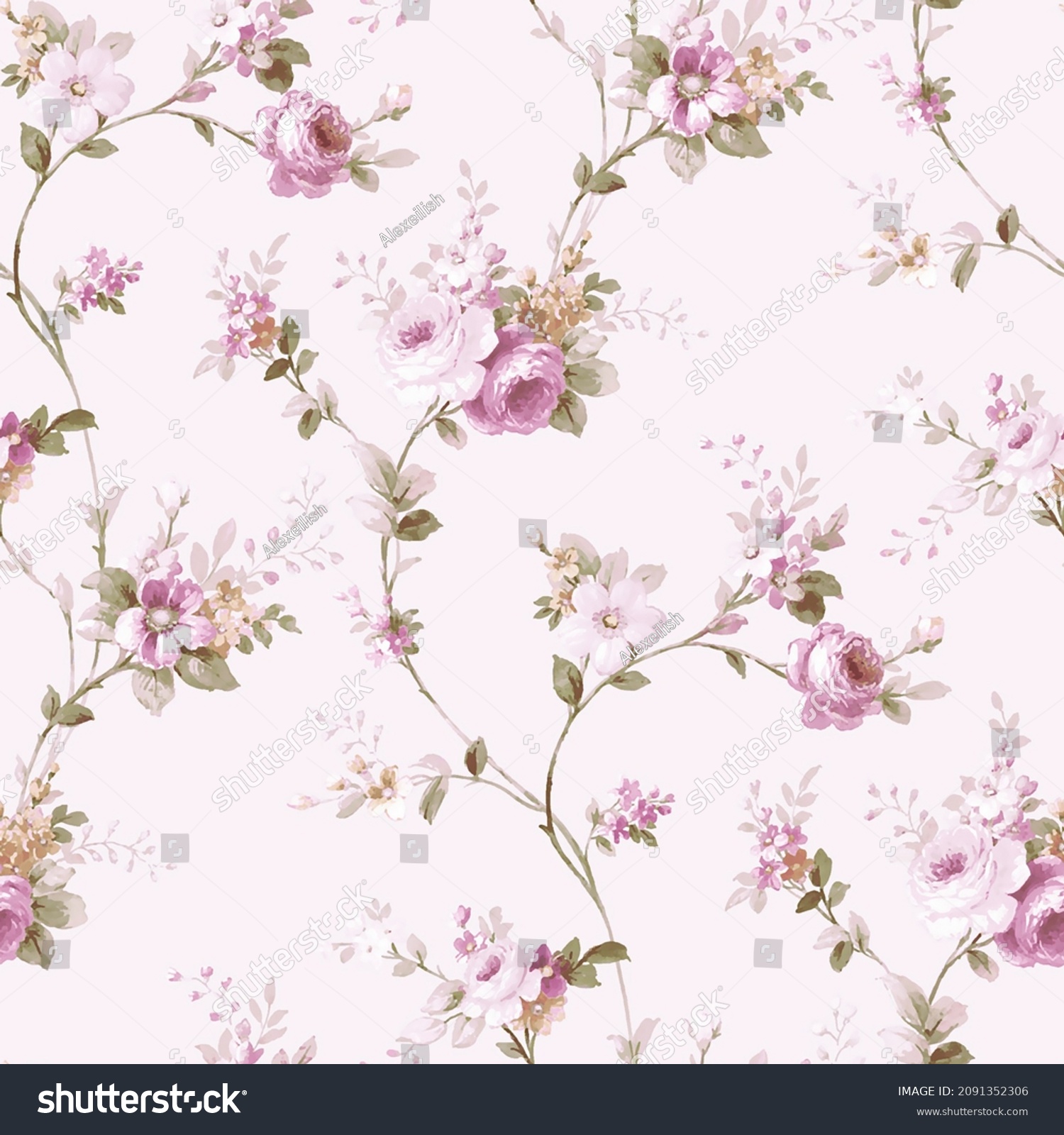 Seamless beautiful pattern wild roses drawn by paints on paper. Stylish ...