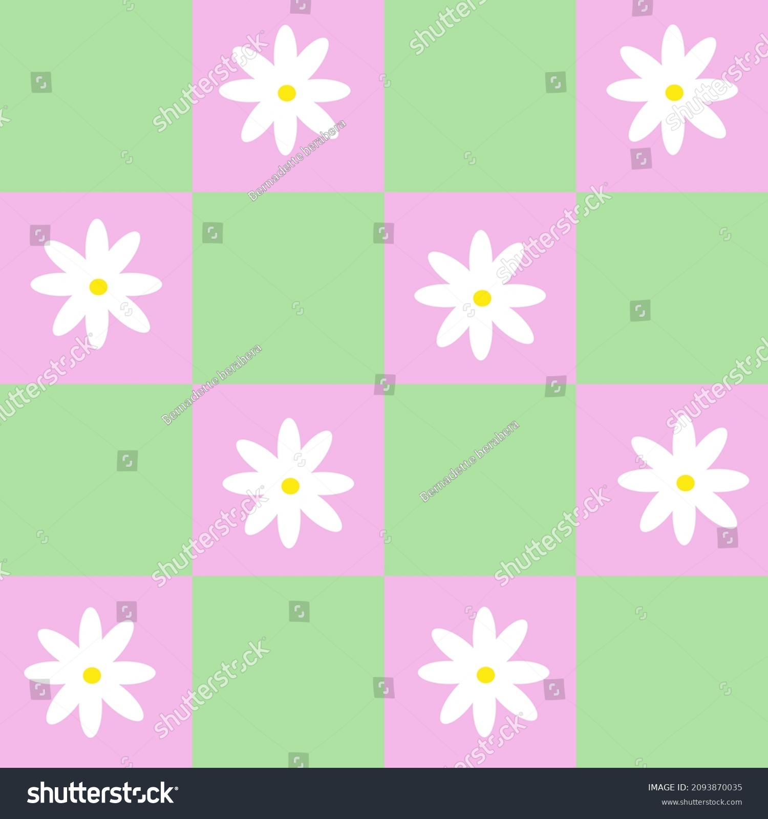Pink green retro 70s check with daisy floral. Print pattern seamless._站 ...