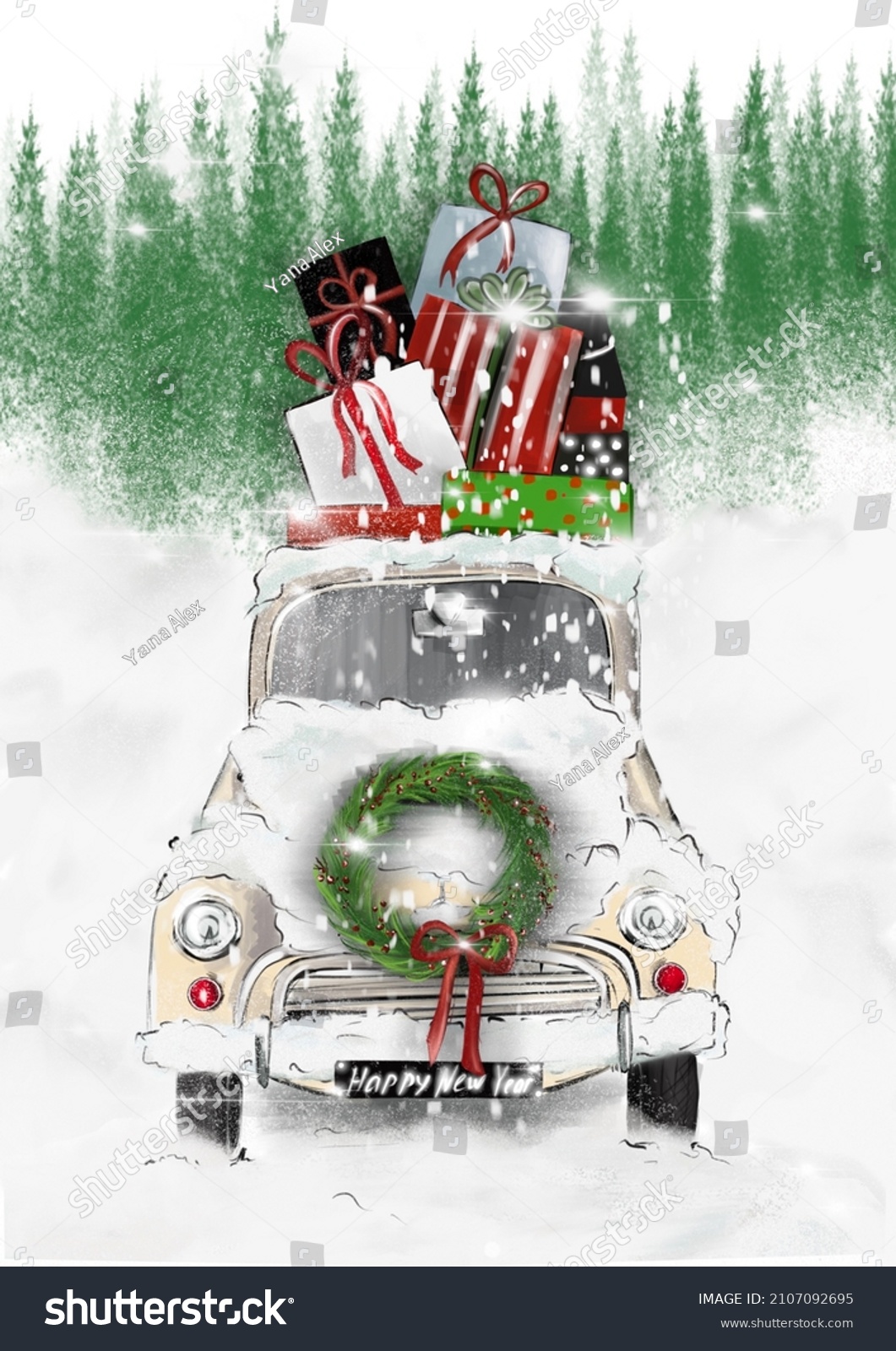 Antique white car with gifts on the roof in the winter forest and a wreath with a bow_站酷海洛_正版图片 ...