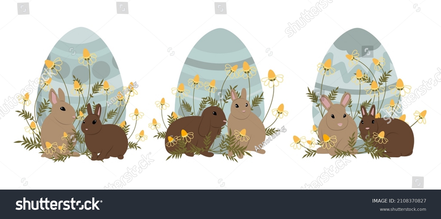 Set of illustrations for Easter. Pair of Easter Bunnies are sitting ...