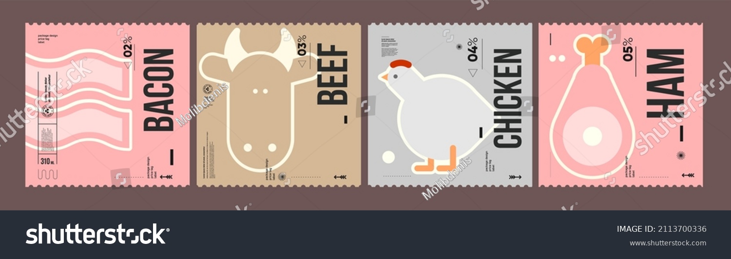 Bacon beef chicken ham. Farmer's products. A set of vector labels in a ...