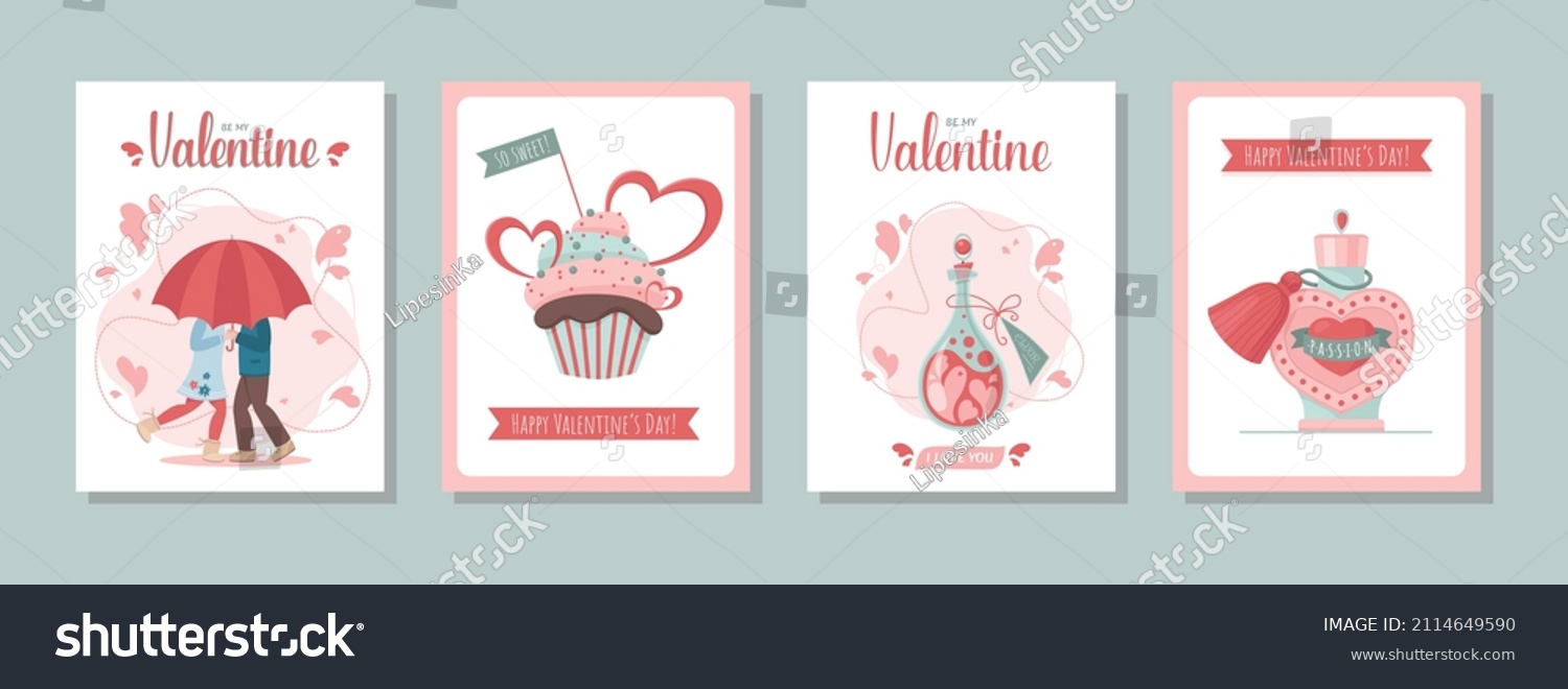 Happy Valentines Day. Set of Postcard. Couple under Umbrella. Sweet ...