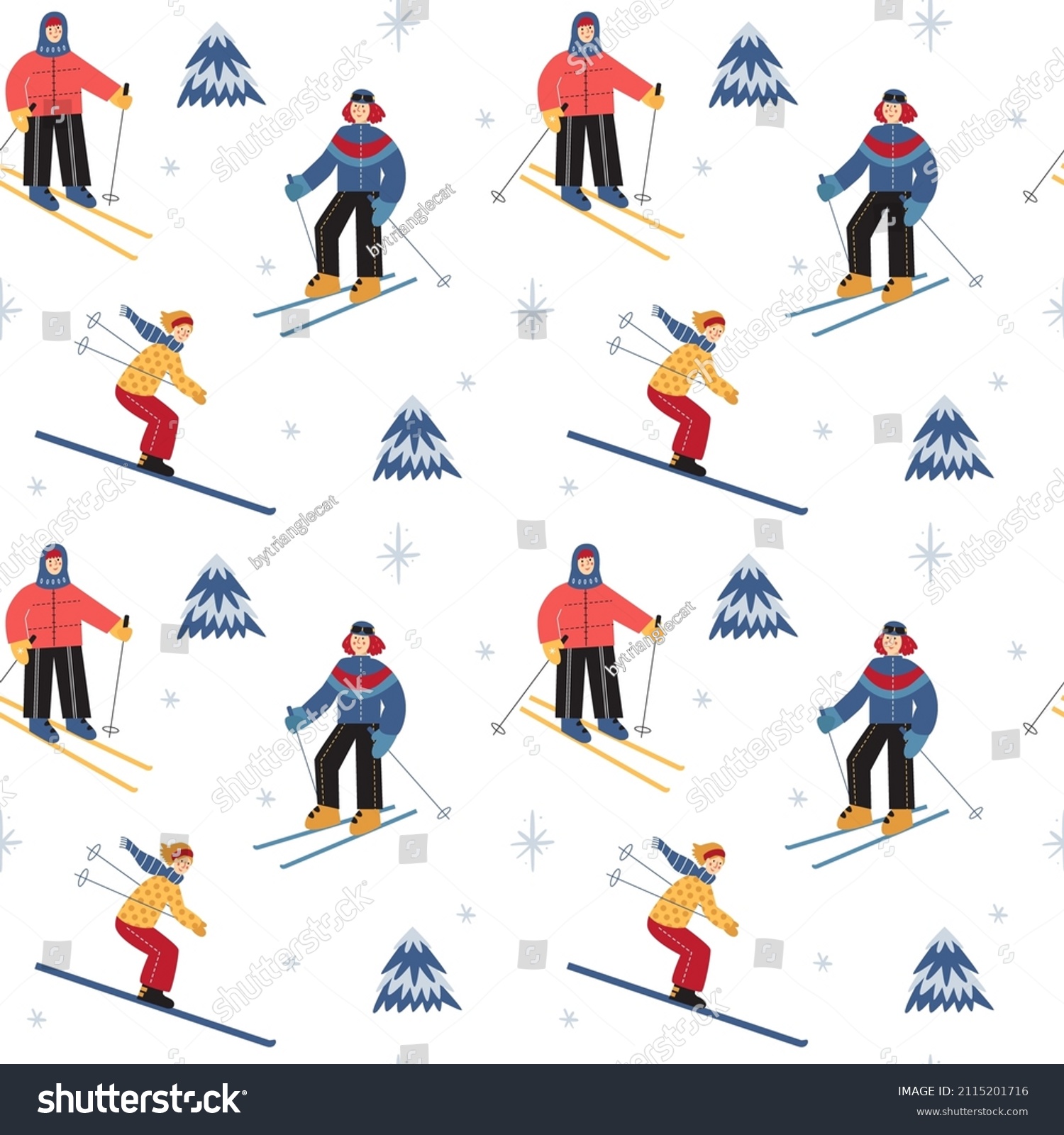 Seamless pattern with skiing friends on white background. Modern design ...