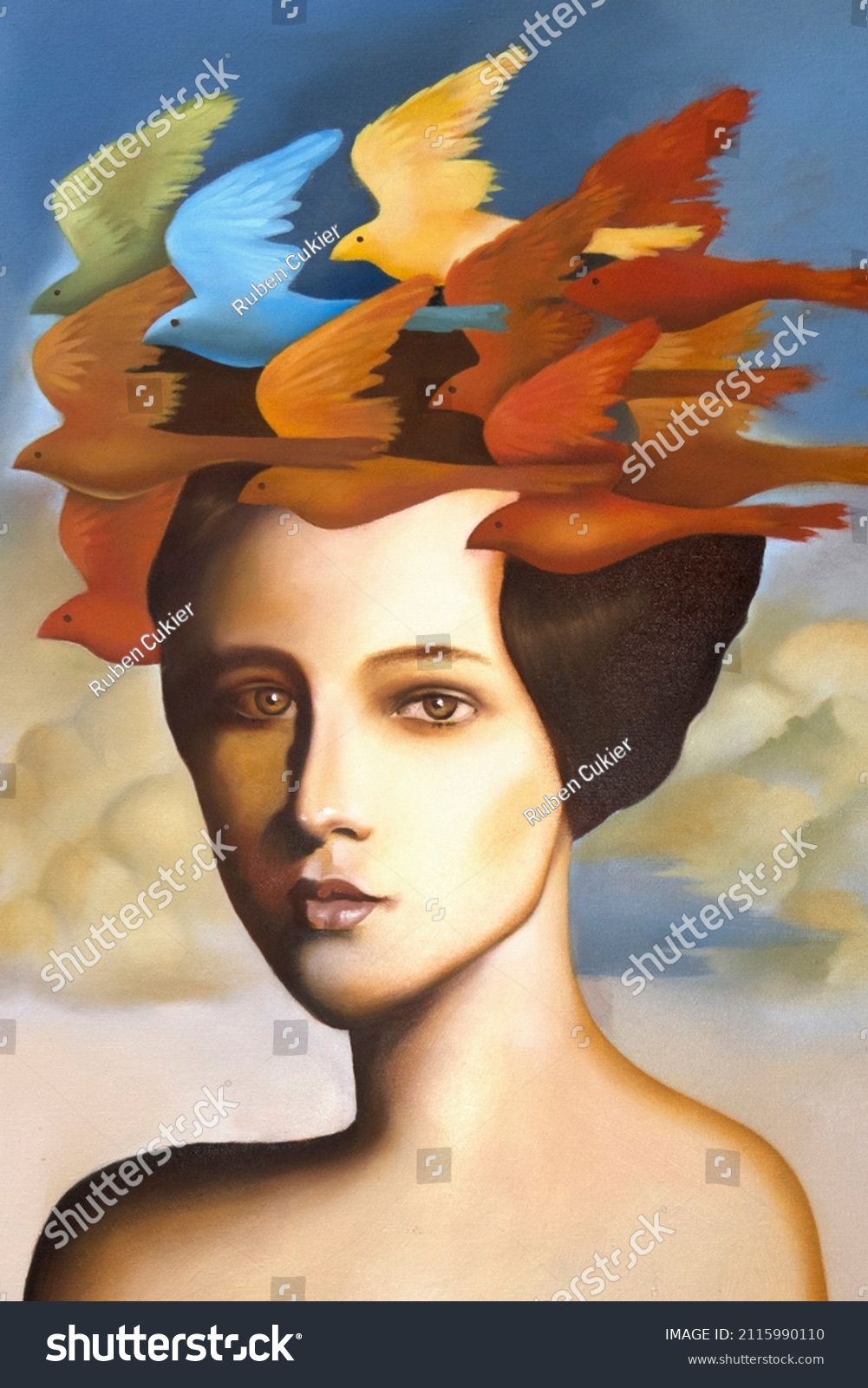 Female portrait with birds in head_站酷海洛_正版图片_视频_字体_音乐素材交易平台_站酷旗下品牌