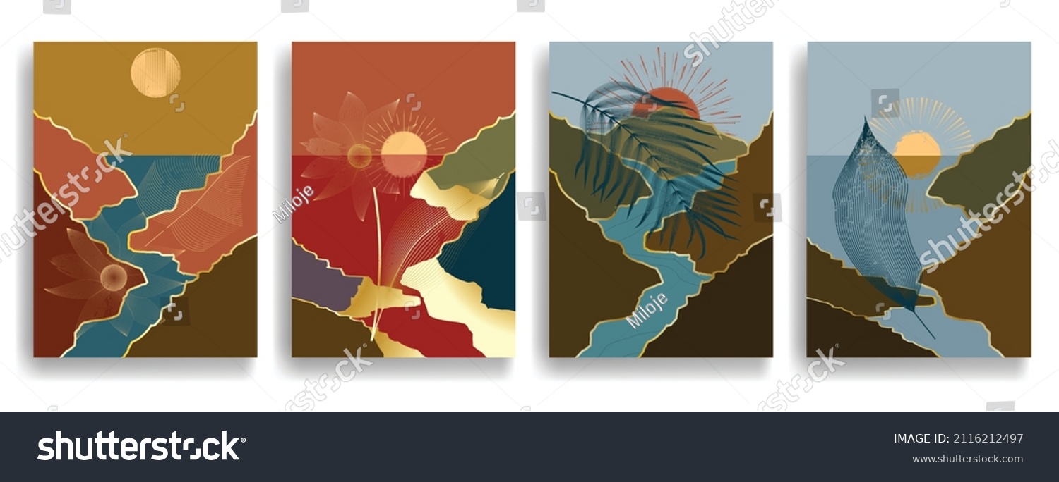 Mountain silhouettes with sun. Rocky peaks in sunset. Splatter Paint ...