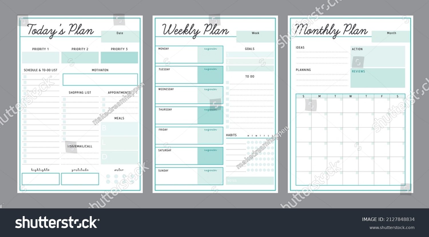 3 Set of Daily Weekly Monthly planner printable template Vector. Easy ...