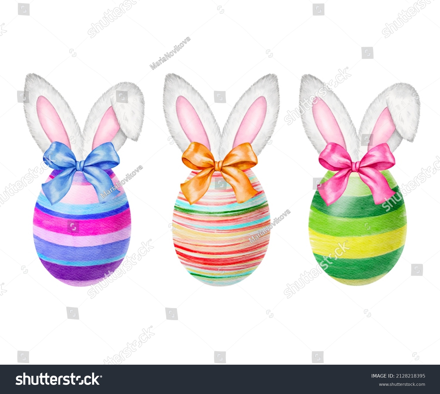 Watercolor Easter eggs and bunny ears. Easter bunny head Isolated ...