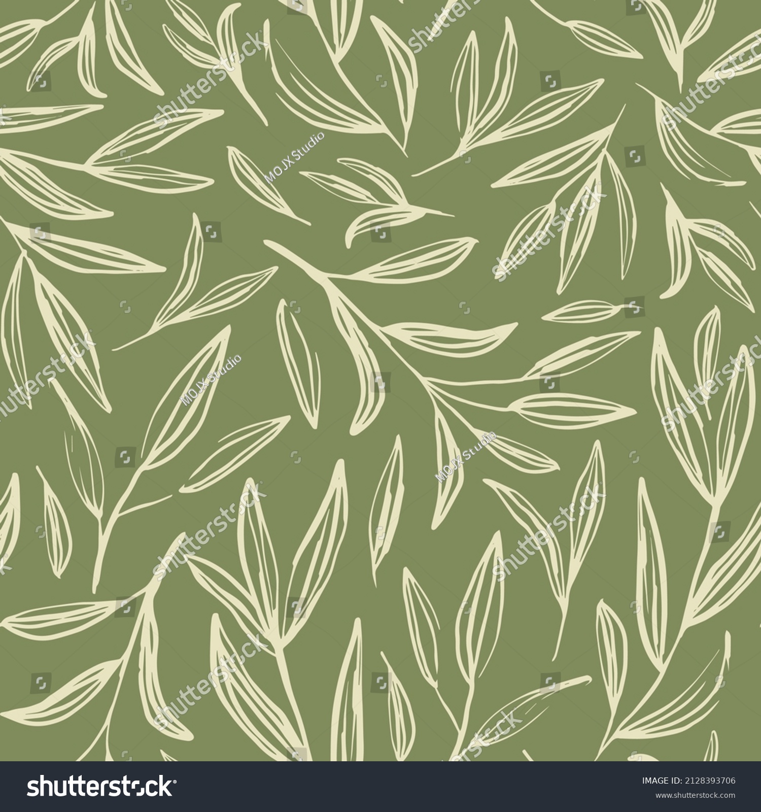 Sage green botanical leaves seamless repeat pattern. Random placed ...