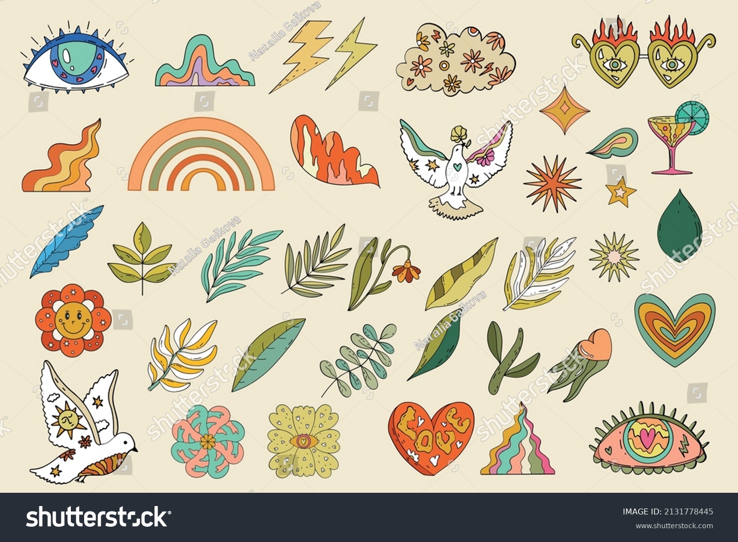 Hippie stickers in retro 70s style vector elements. Cartoon funny mushrooms flowers rainbow a ...