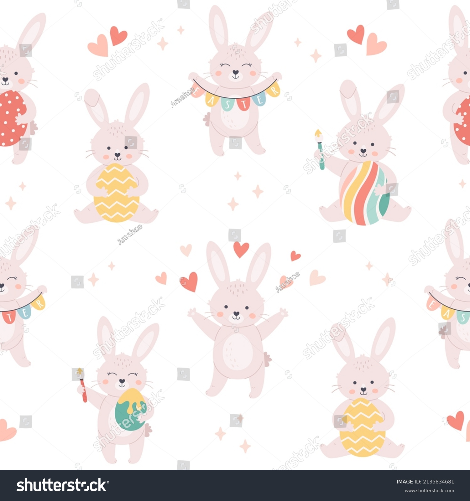 Easter bunny with Easter eggs seamless pattern. White rabbit. Happy ...