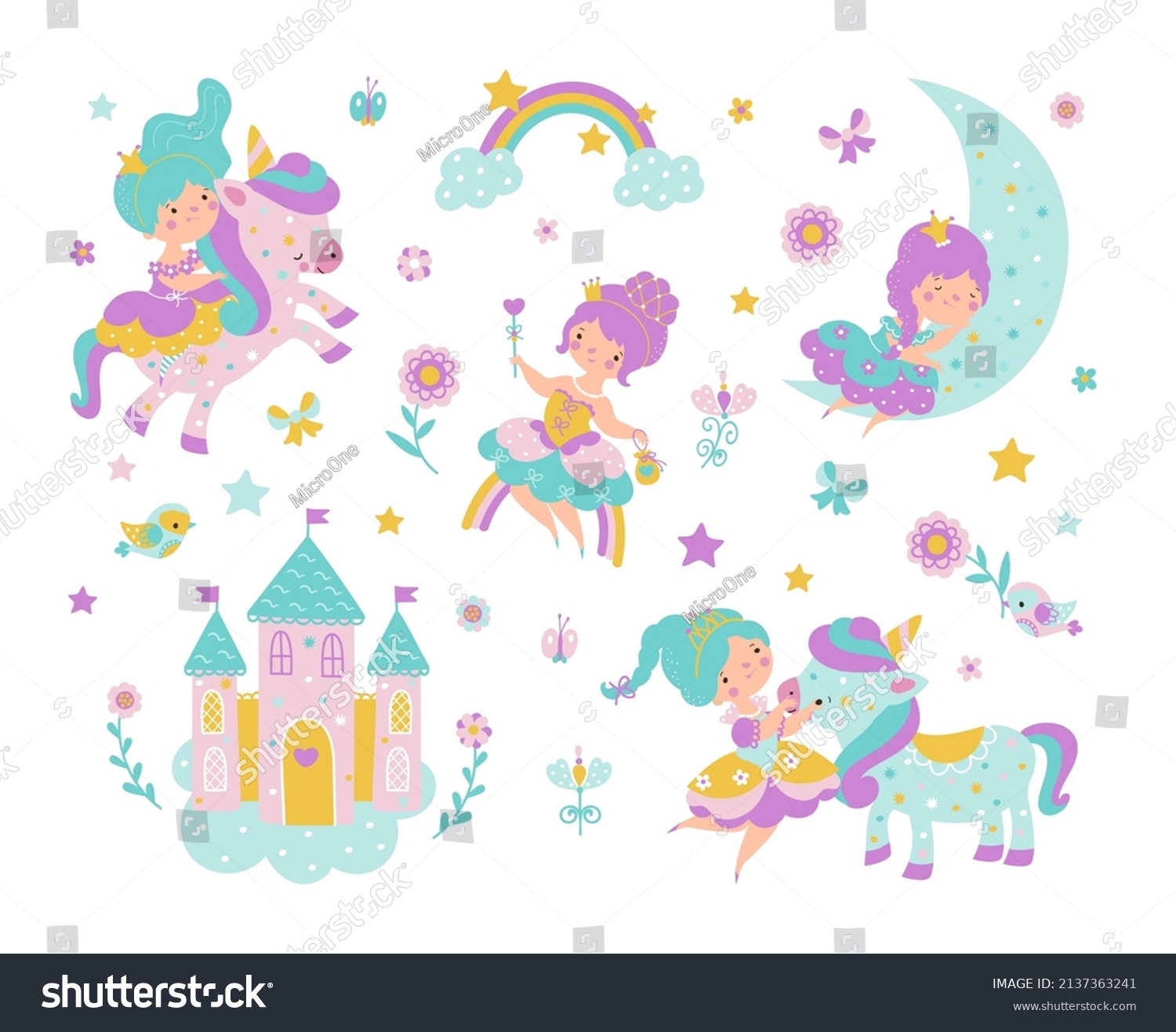 Little princess life. Cute princesses and castle rainbow and moon ...