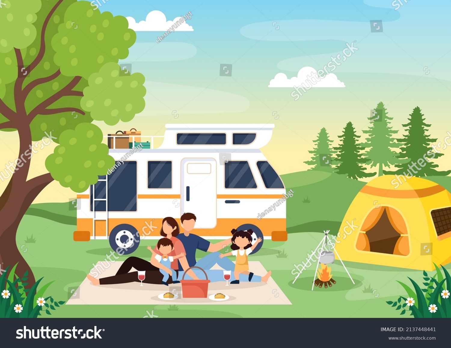 Camping Car Background Illustration with Tent Camper Car and its Equipment for People on ...