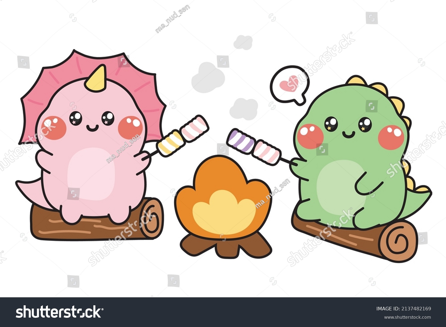 Cute dinosaurs grill marshmallow on bonfire.Summer camp concept.Jungle ...