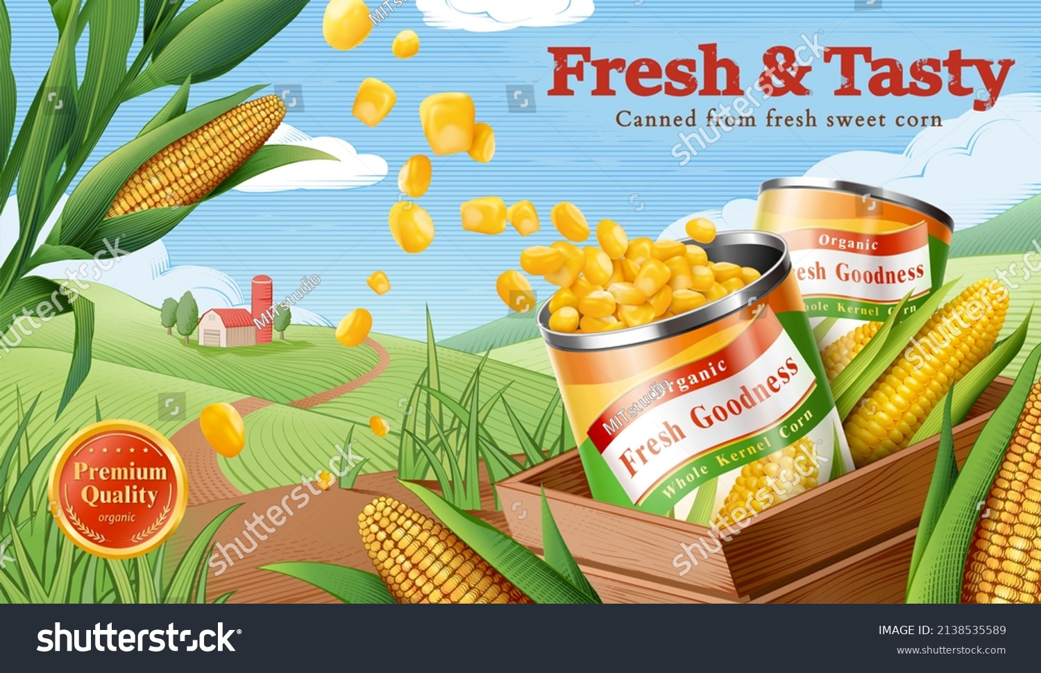 Organic canned sweet corn ad template. 3d fresh and tasty corn can with ...