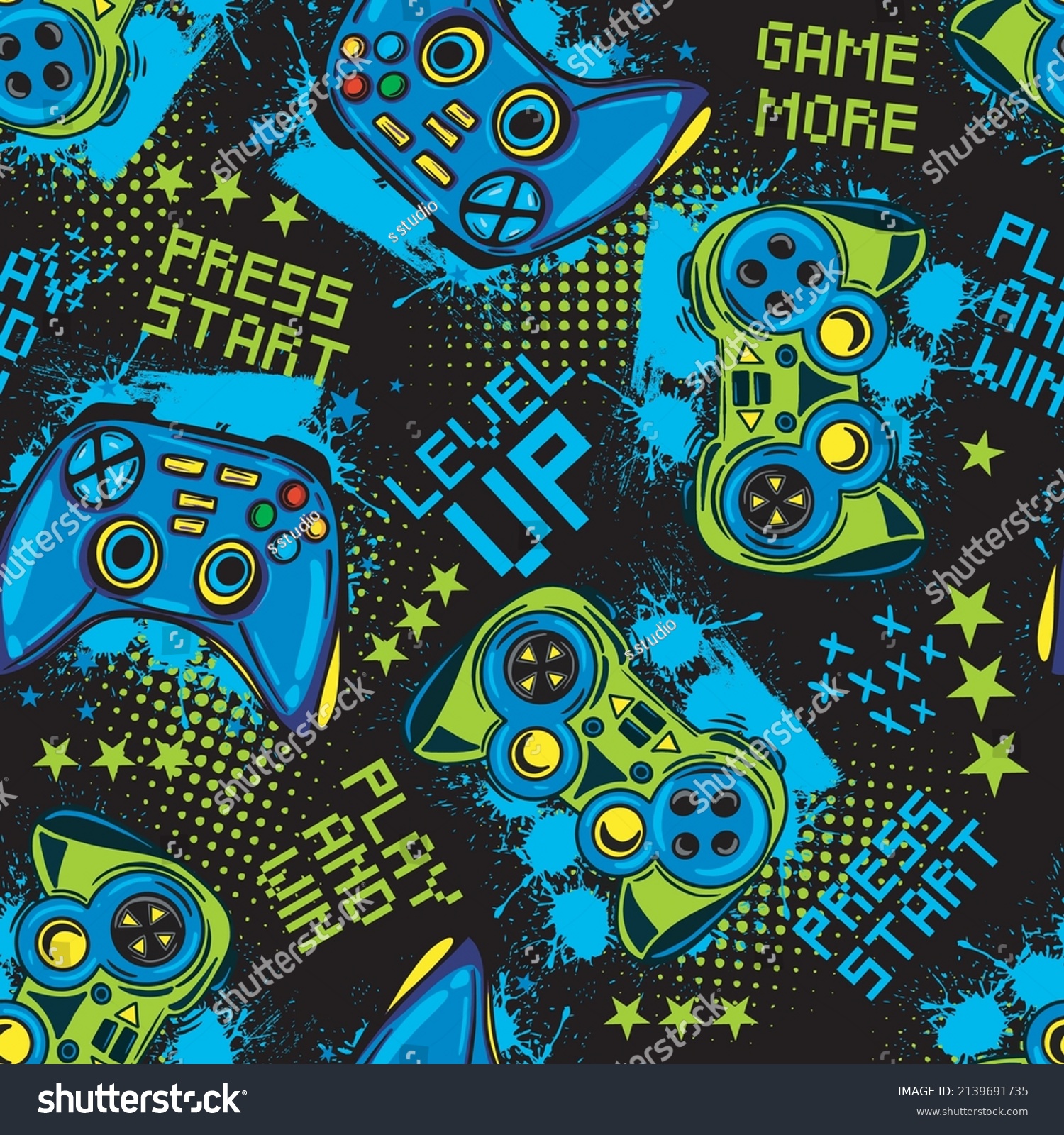 Abstract Seamless hand drawn pattern with joystick. Gamer elements for ...