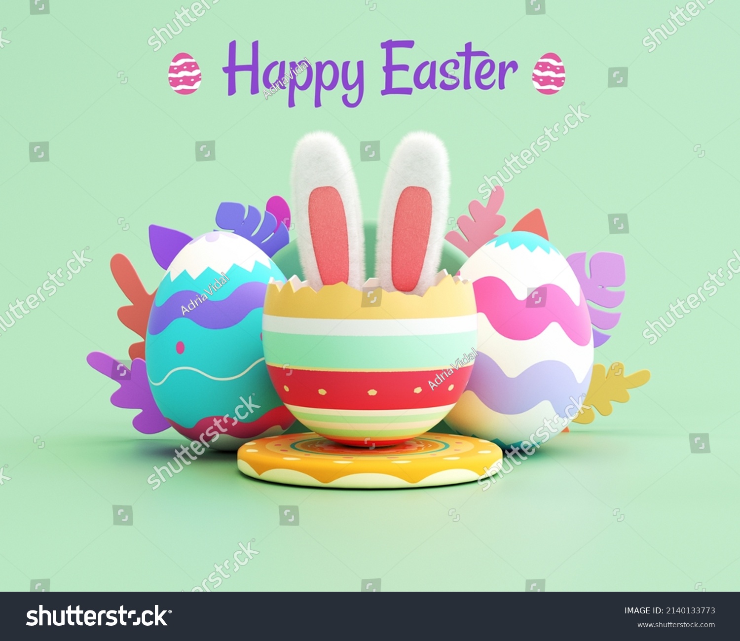 Happy Easter card design template with painted eggs and rabbit ears in ...