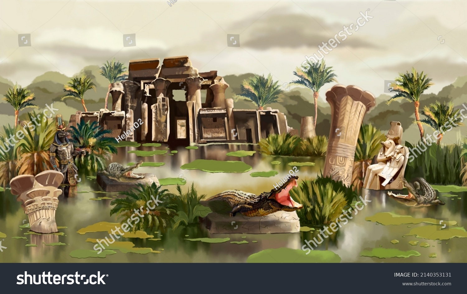 An old ruined temple immersed in a swamp together with columns and ...