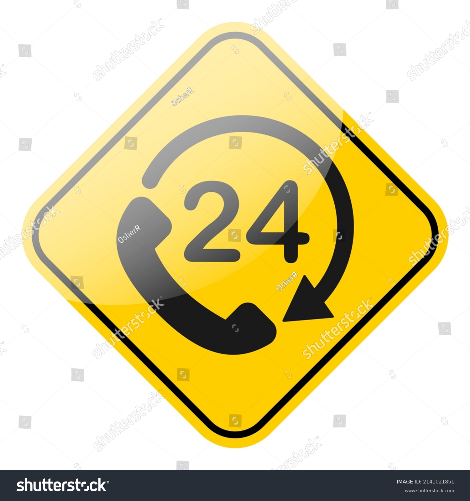 Customer support icon on yellow street sign frame. Open 24 hours help ...