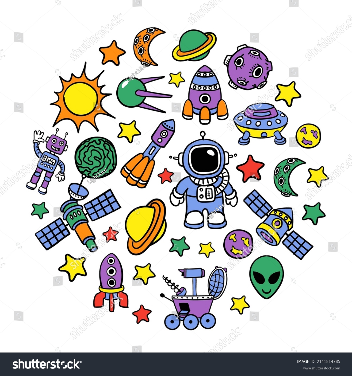 Colorful vector hand drawn set of space cartoon doodle objects Space ...