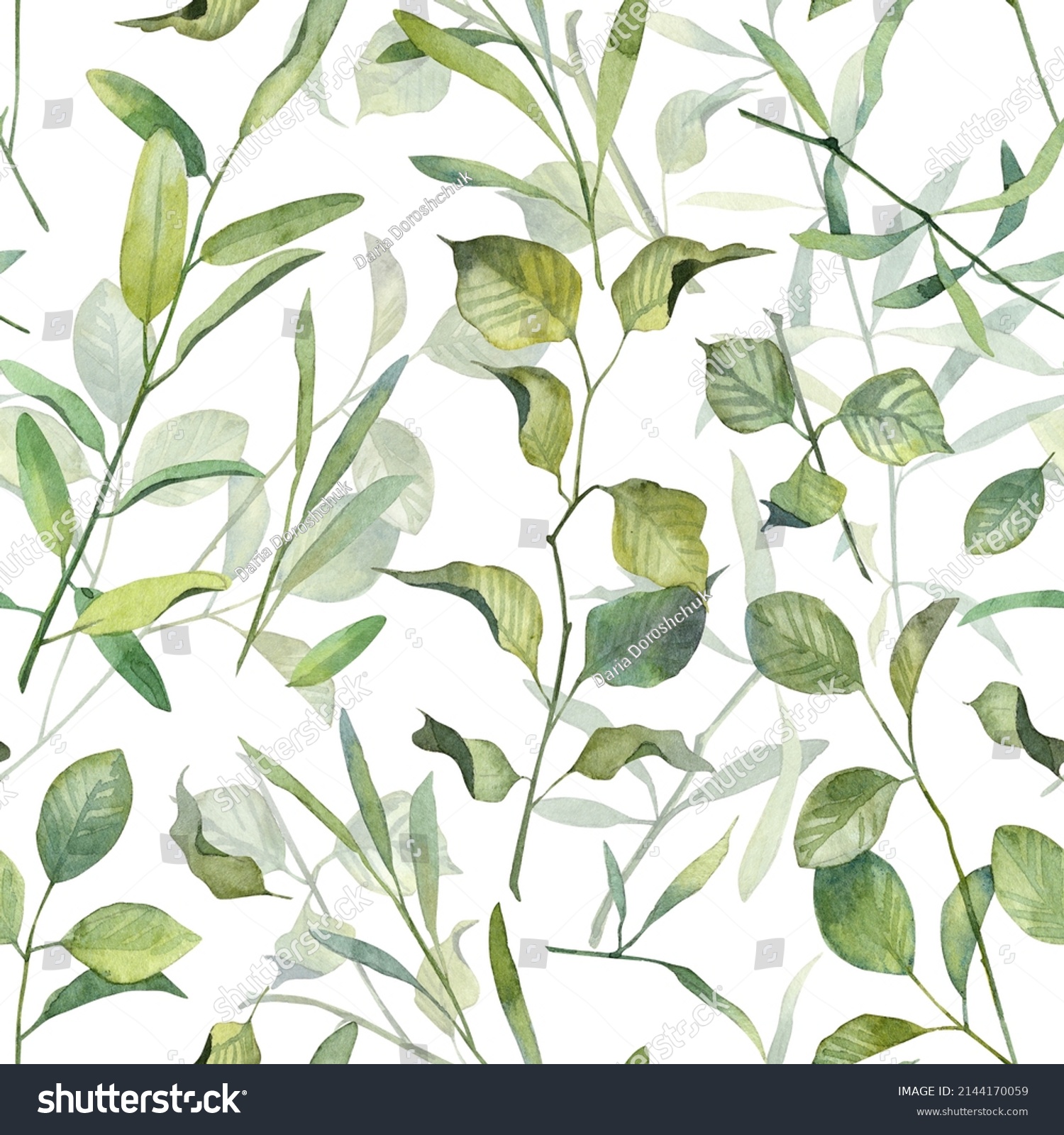 Square seamless pattern with hand painted watercolor green leaves on ...