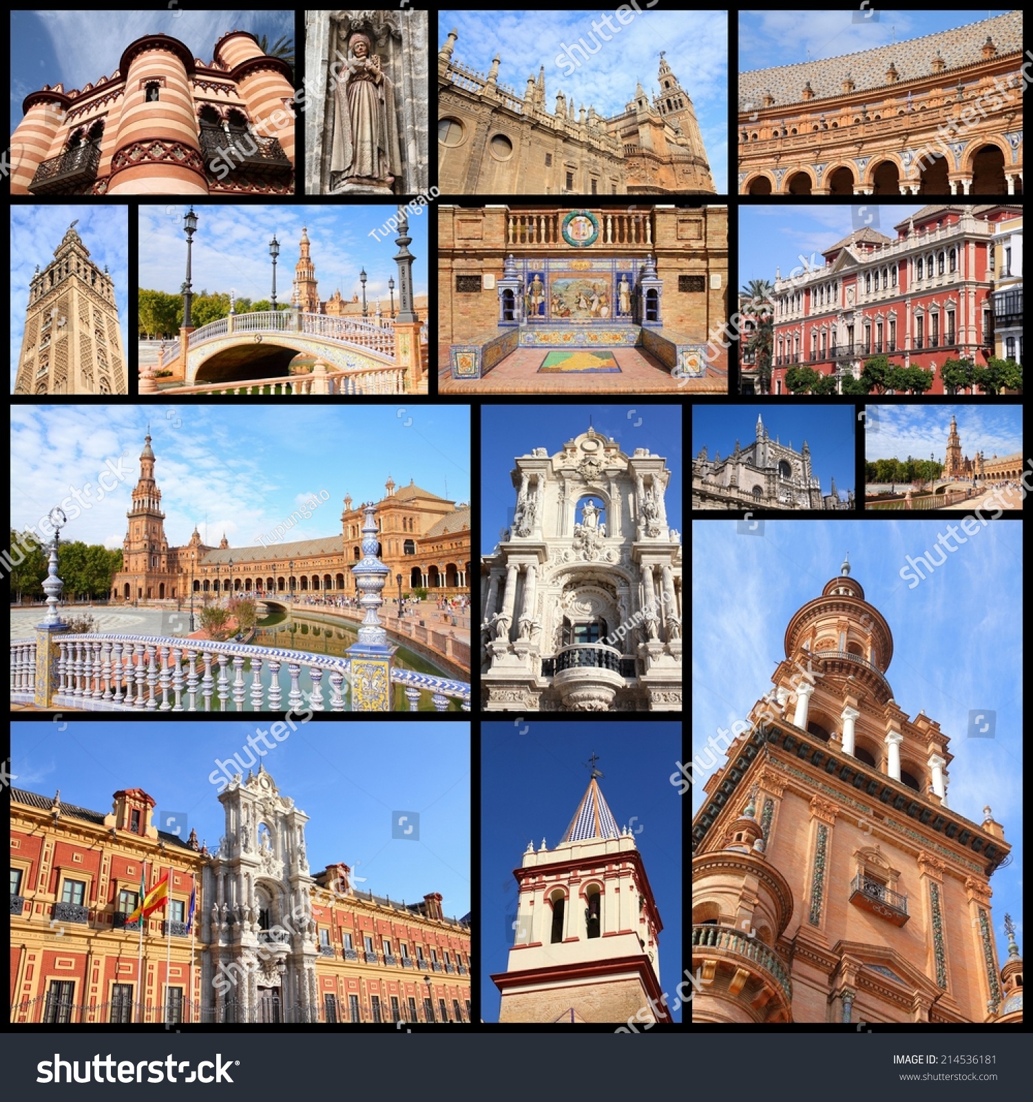 Photo collage from Seville Spain. Collage includes major landmarks like the cathedral and Plaza ...
