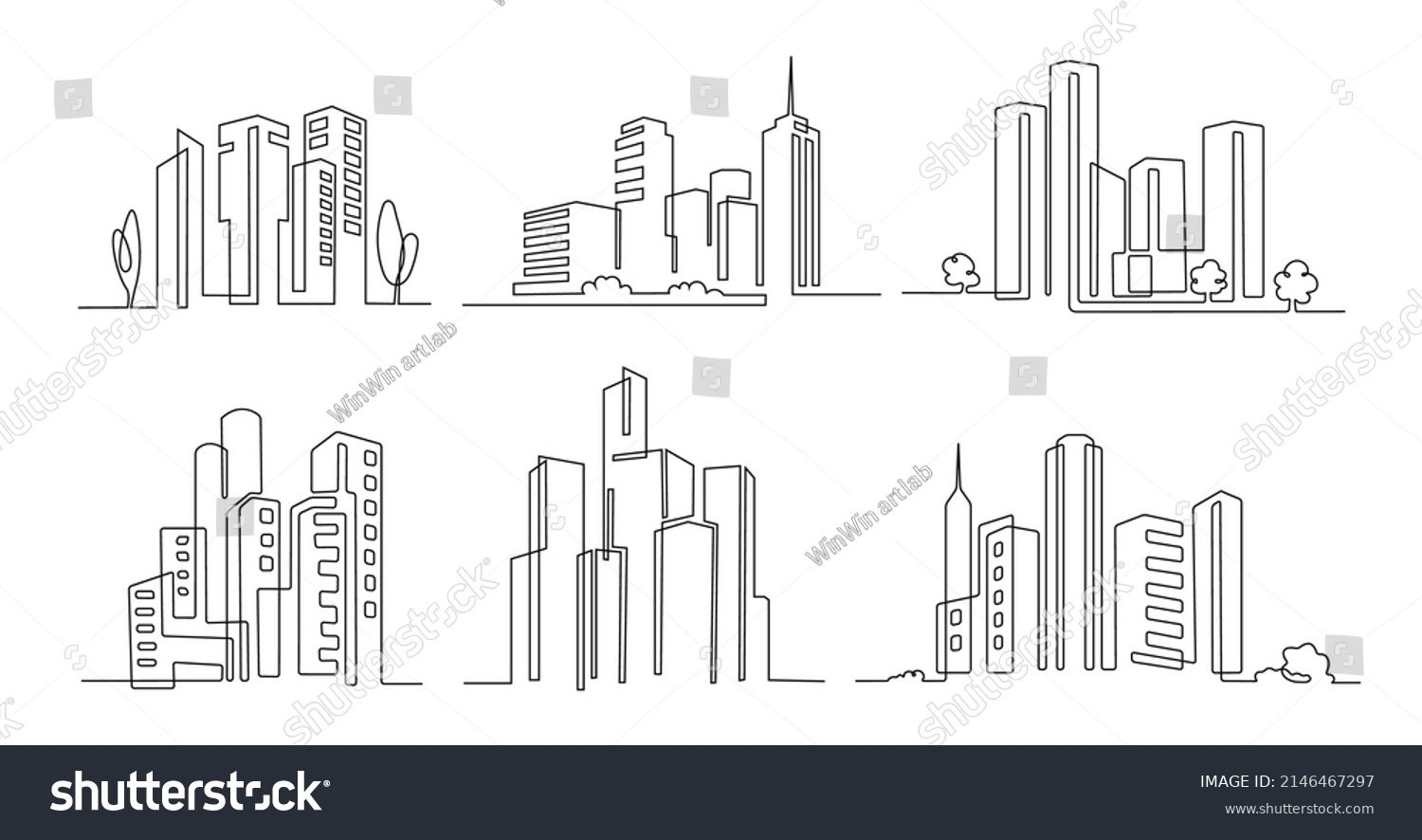 One line city. Skyscraper buildings linear town cityscape and modern ...