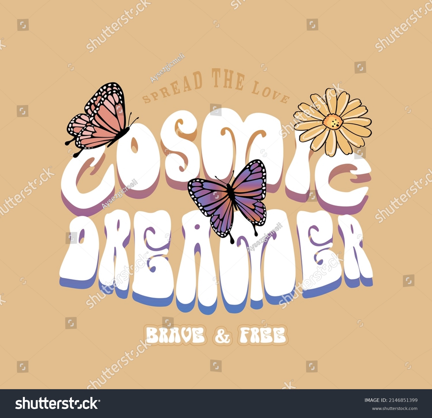 Groovy boho style slogan text. Butterfly and flower drawings. Girl ...