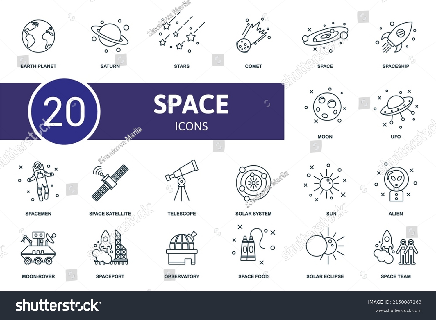 Space set icon. Contains space illustrations such as stars space moon ...