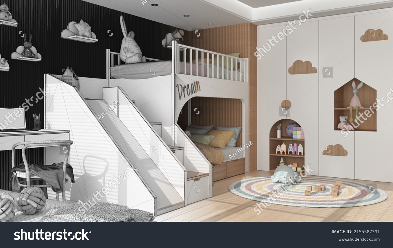 Architect interior designer concept: hand-drawn draft unfinished ...