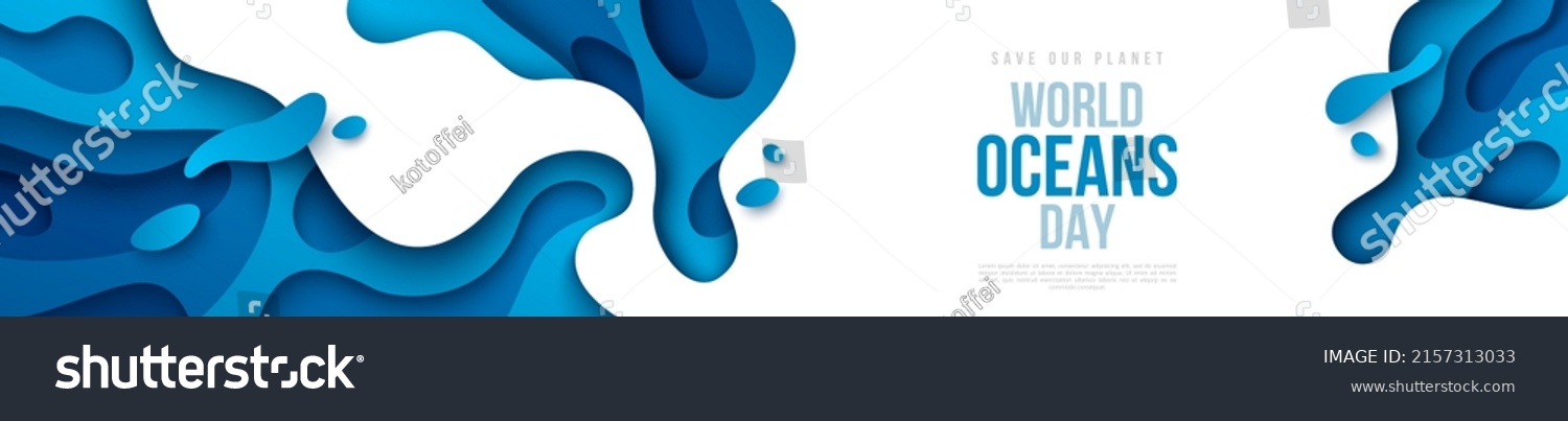 World Ocean day header template blue waves paper cut style. Vector ...