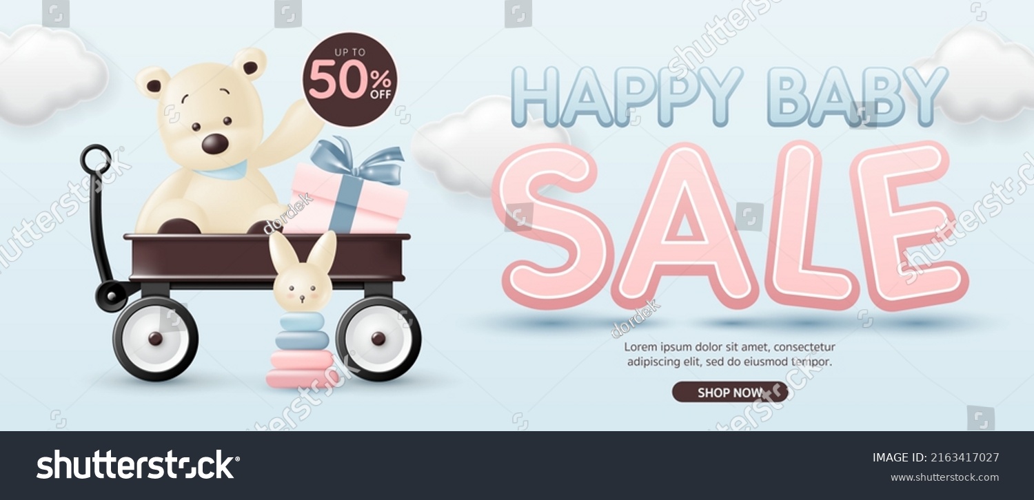 Baby and kids clothes and toys sale discount banner with doll toy and ...