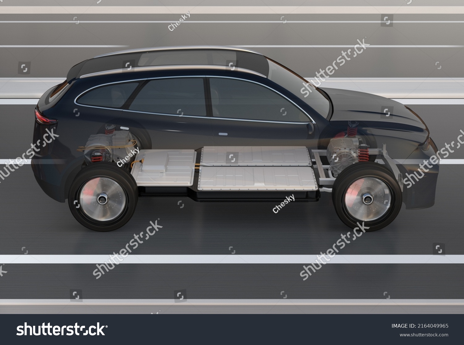 Side view of generic design black electric SUV composited with battery ...