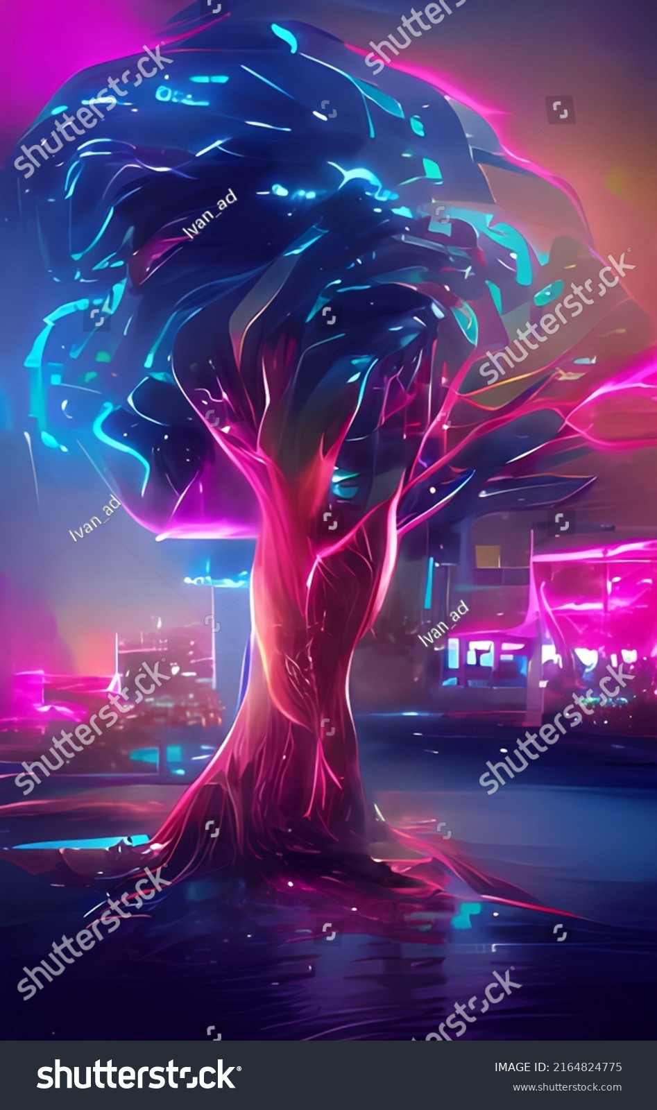 Beautiful bright colorful painting abstract art. neon light tree ...