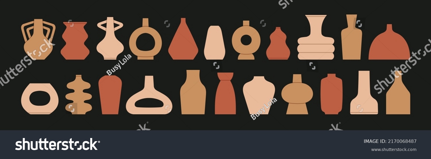 Big set of ceramic objects and vases pottery. Icons with simple shapes ...