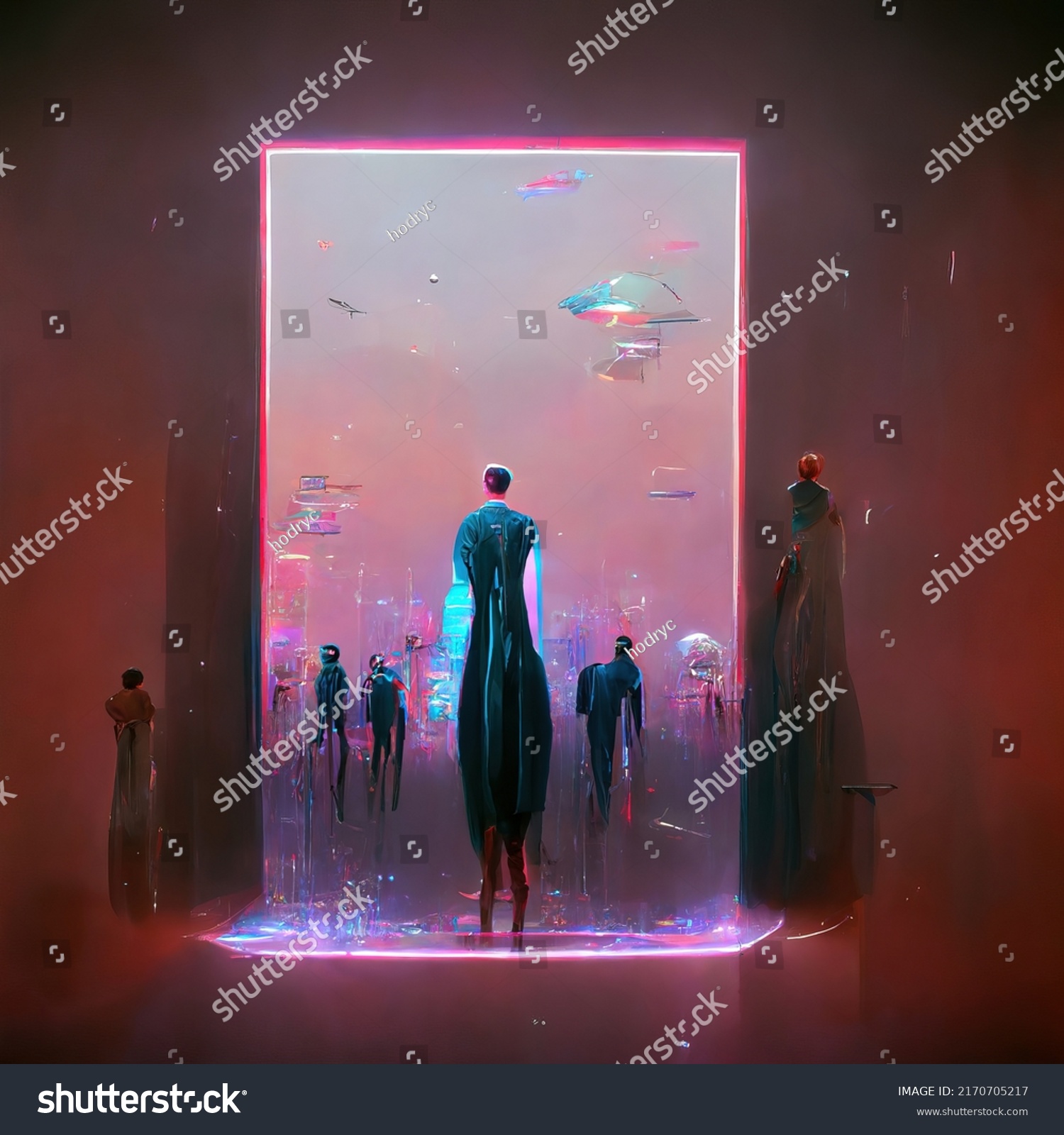 Concept art of a person entering a futuristic portal around a ...