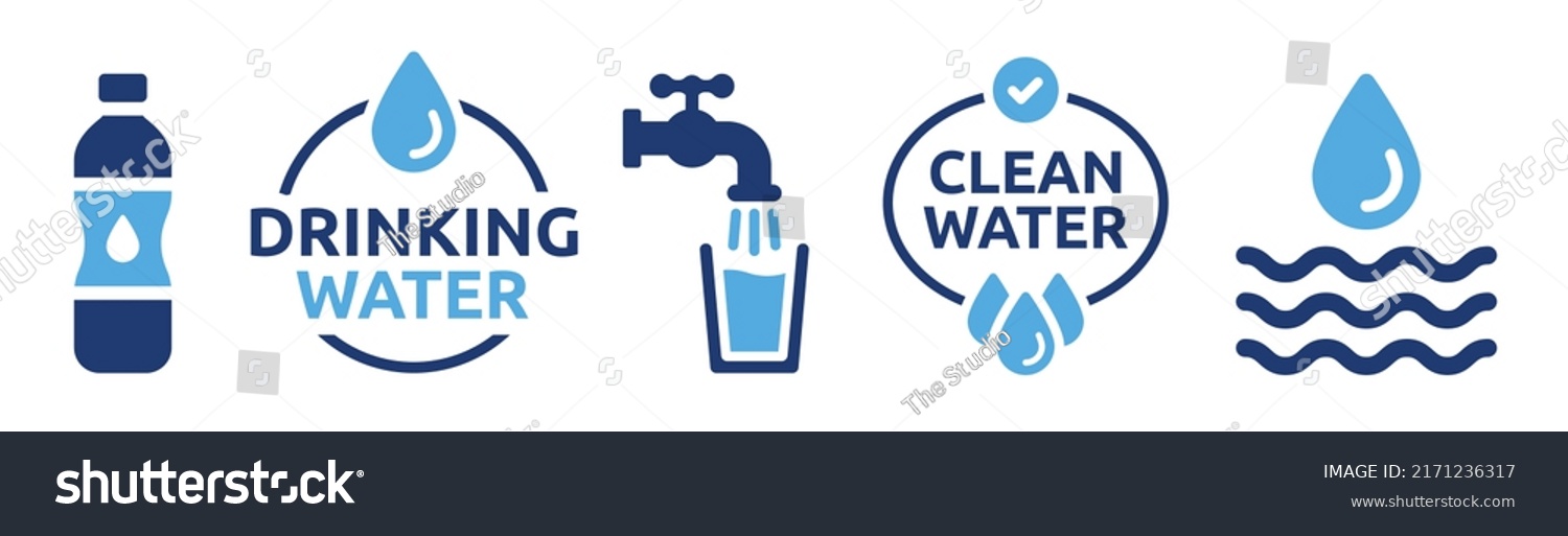 Drinking water icon vector set. Tap water with glass bottle and clean ...