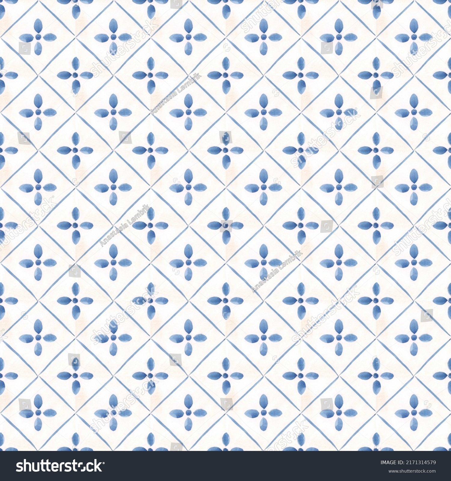Beautiful seamless pattern with watercolor hand drawn blue dutch style ...