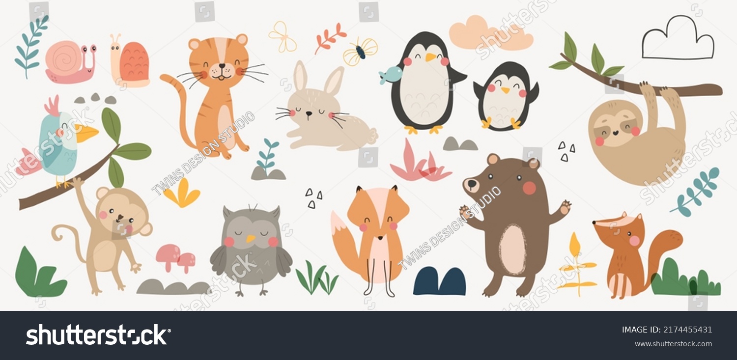 Set of cute animal vector. Friendly wildlife with penguin rabbit monkey ...