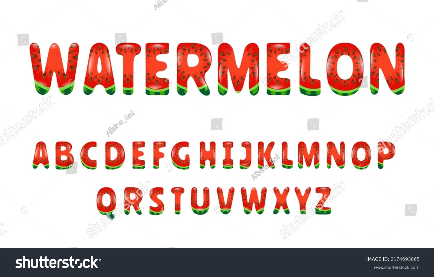 Watermelon summer bright font. Cartoon decorative alphabet. Glossy ...