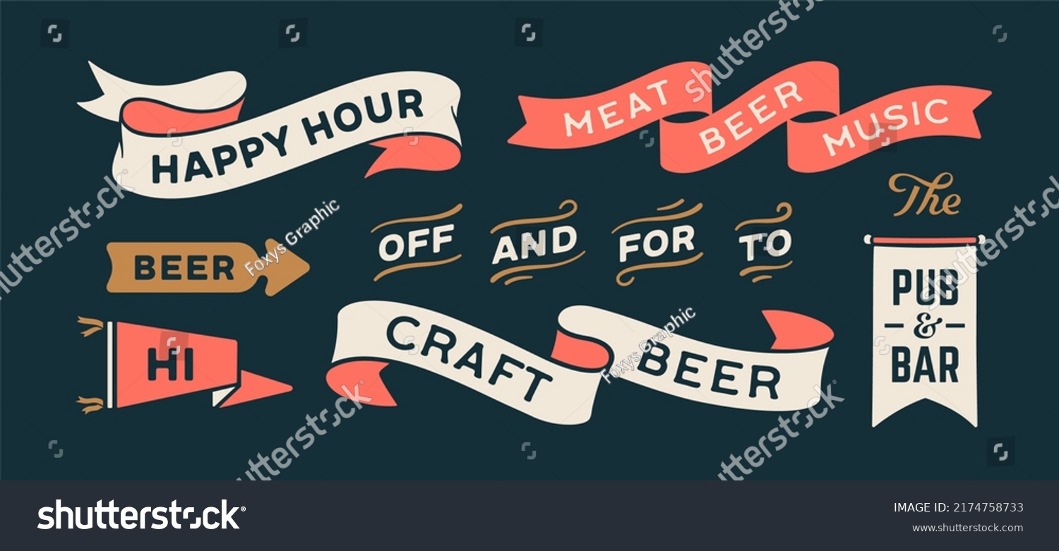 Vintage graphic set. Ribbon flag arrow board with text Beer Hi Pub Bar ...