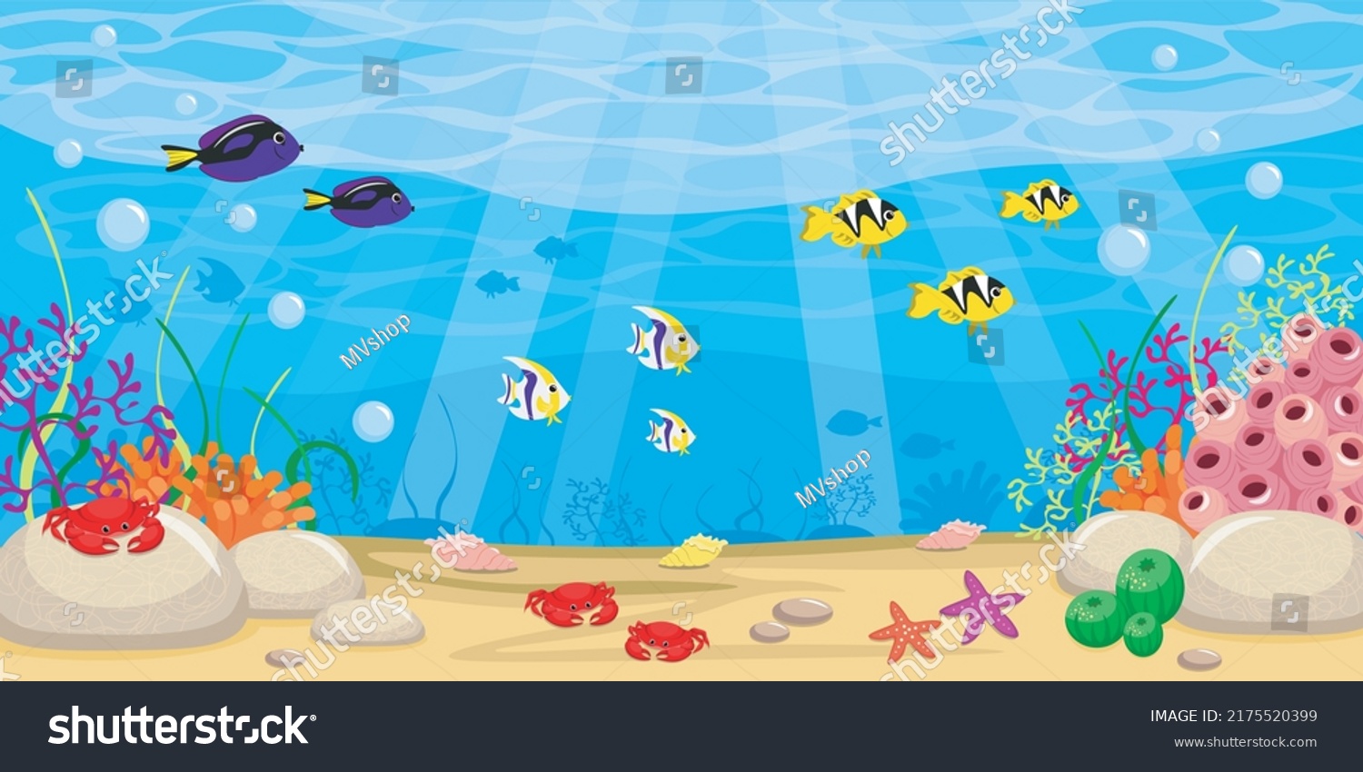 Vector illustration of a beautiful summer seabed. Cartoon sea landscape ...