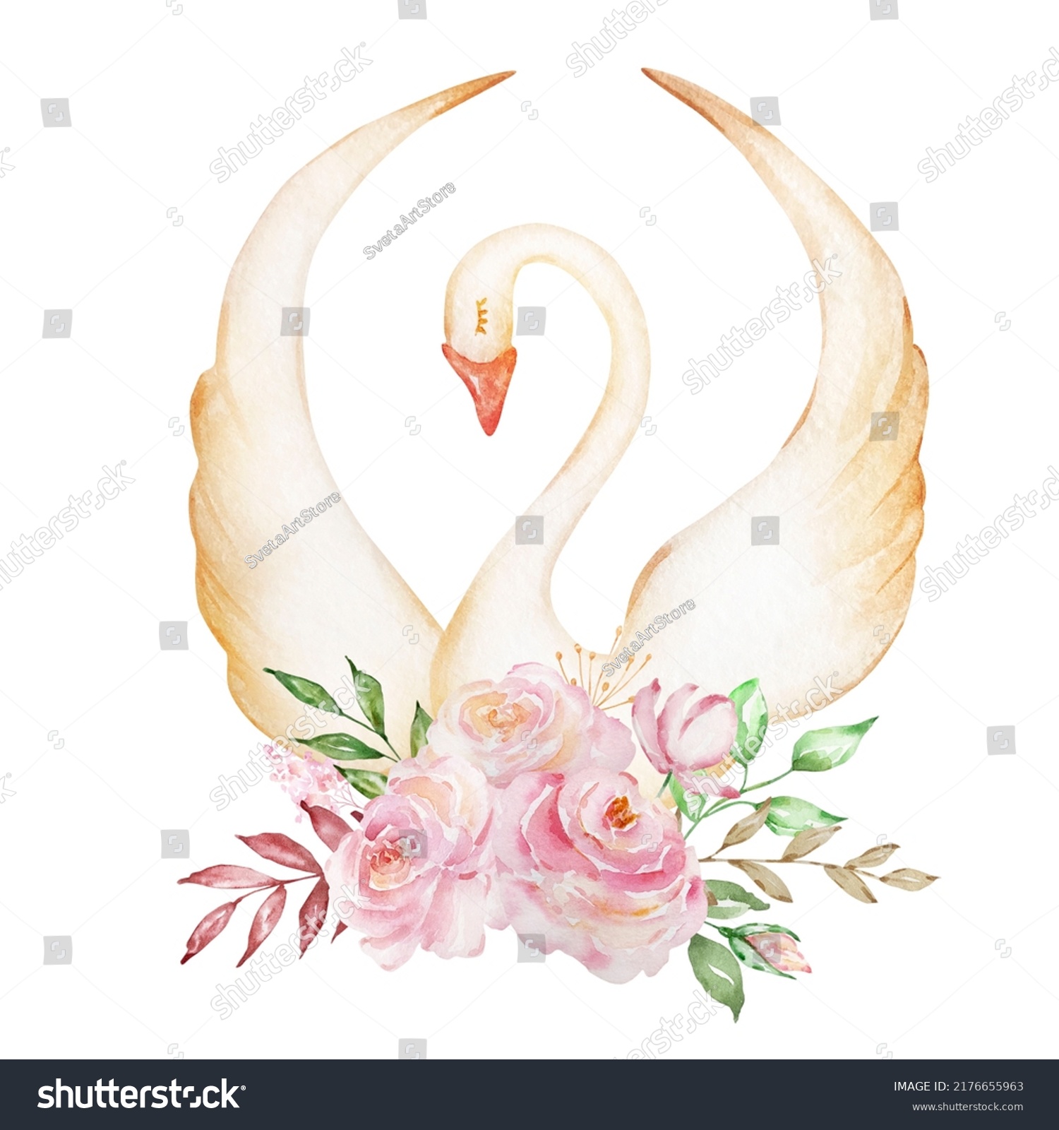 Watercolor delicate white swan with a bouquet of roses_站酷海洛_正版图片_视频_字体 ...