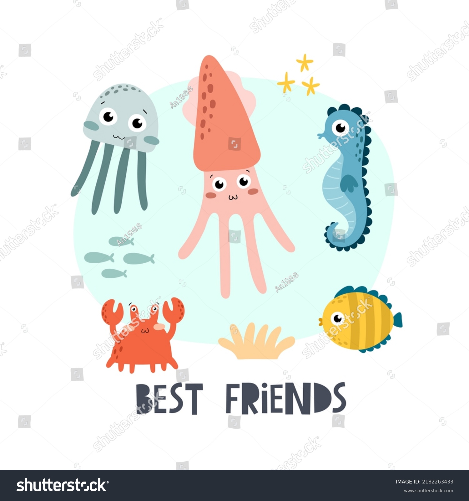 Best friends. Cartoon crab squid jellyfish seahorse fish hand drawing ...