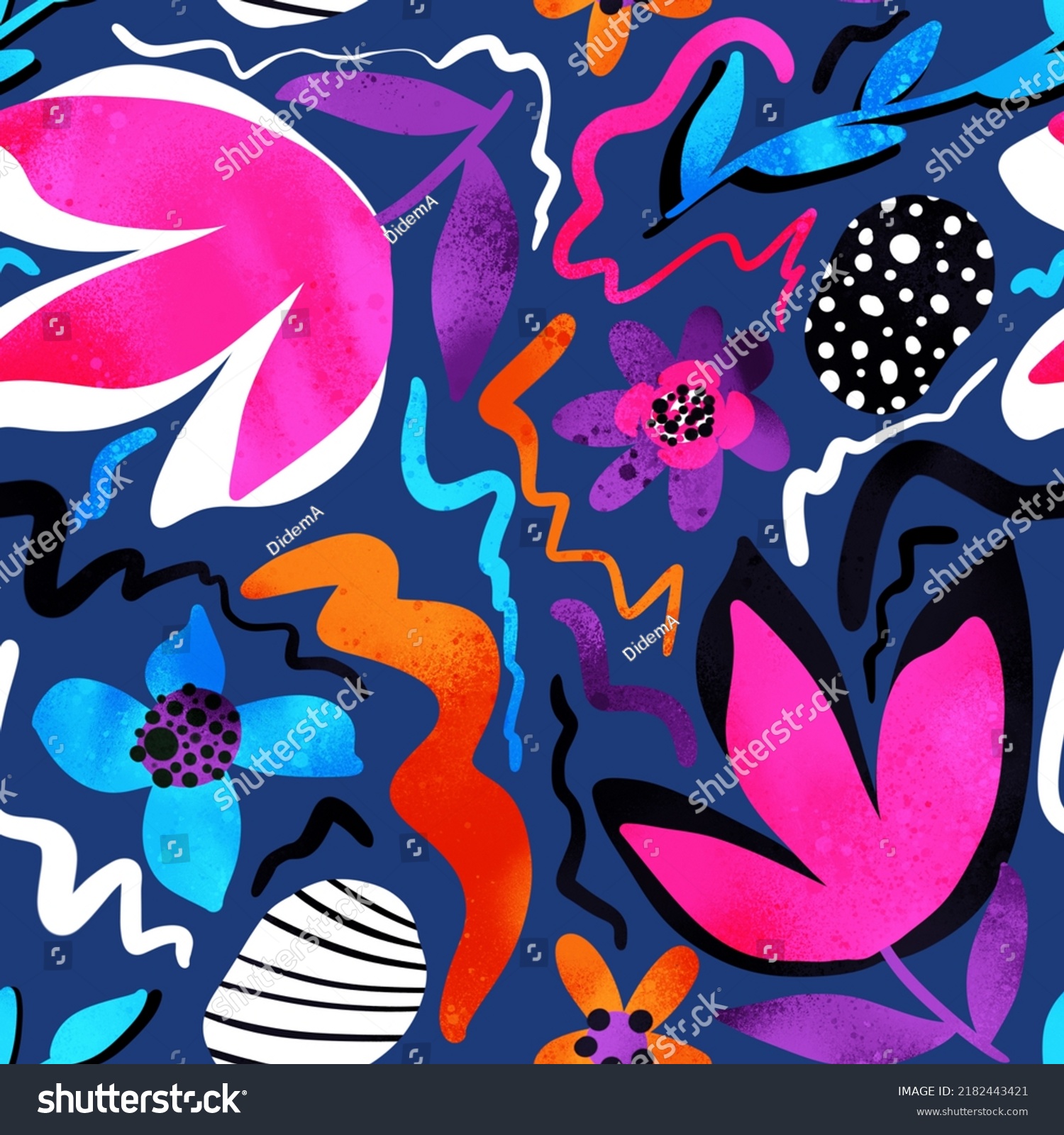 Abstract Hand Drawing Geometric Retro Doodle Flowers and Leaves ...