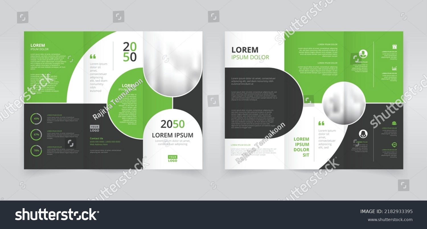 Modern trifold brochure template with green and black rectangles and ...