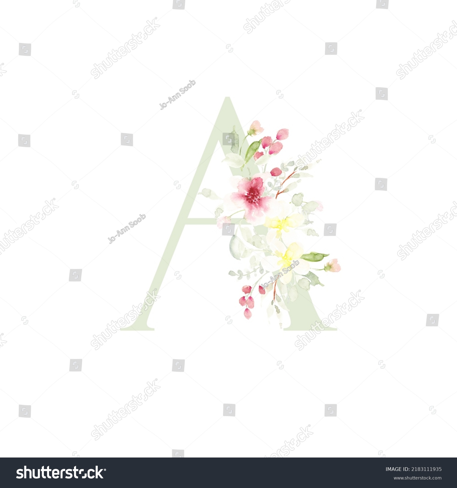 Floral botanical alphabet. Letter with plants and flowers. Watercolor ...