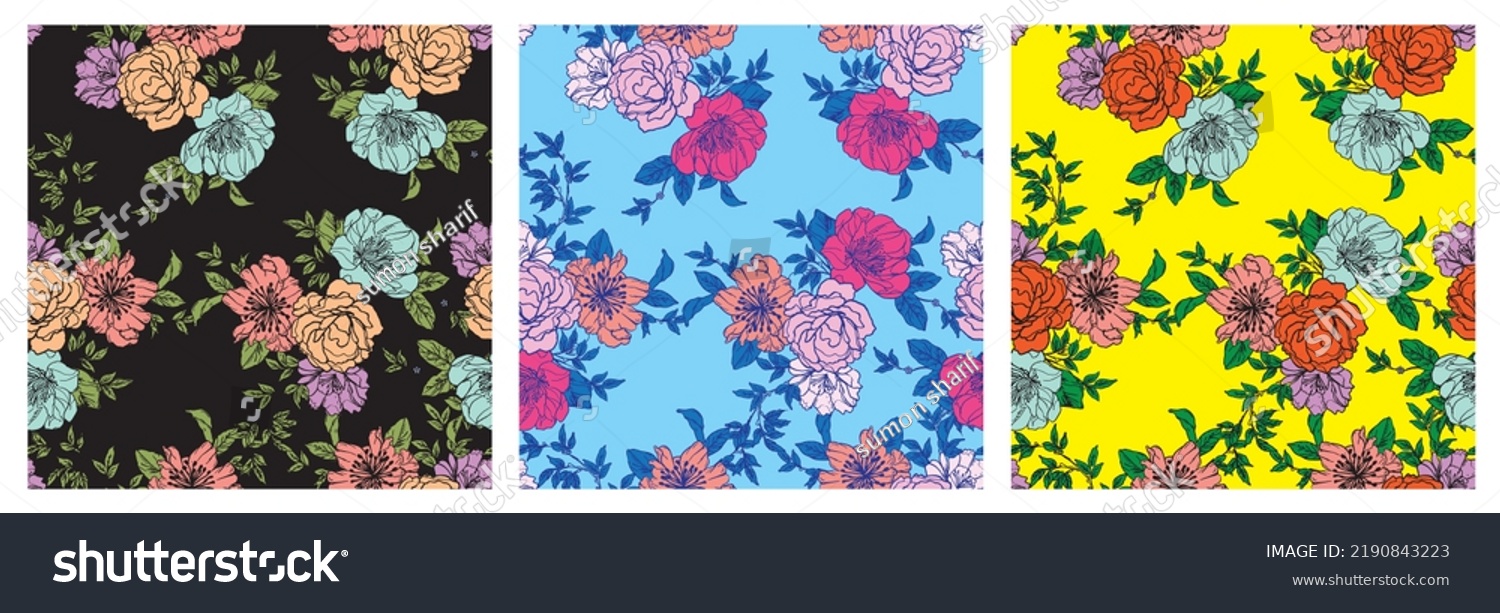 Vector Set Rose Flowers Pattern in Solid Color Floral seamless vintage ...
