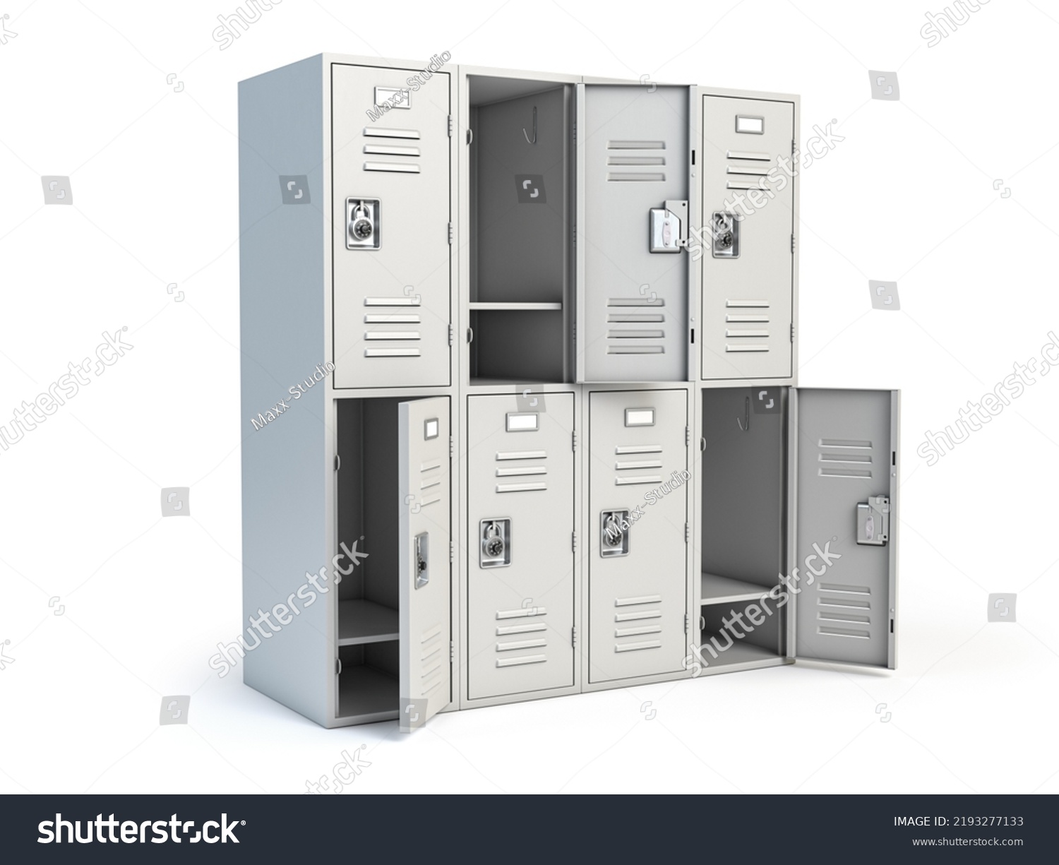 Metal locker box with open doors isolated on white. 3d illustration_站酷海 ...