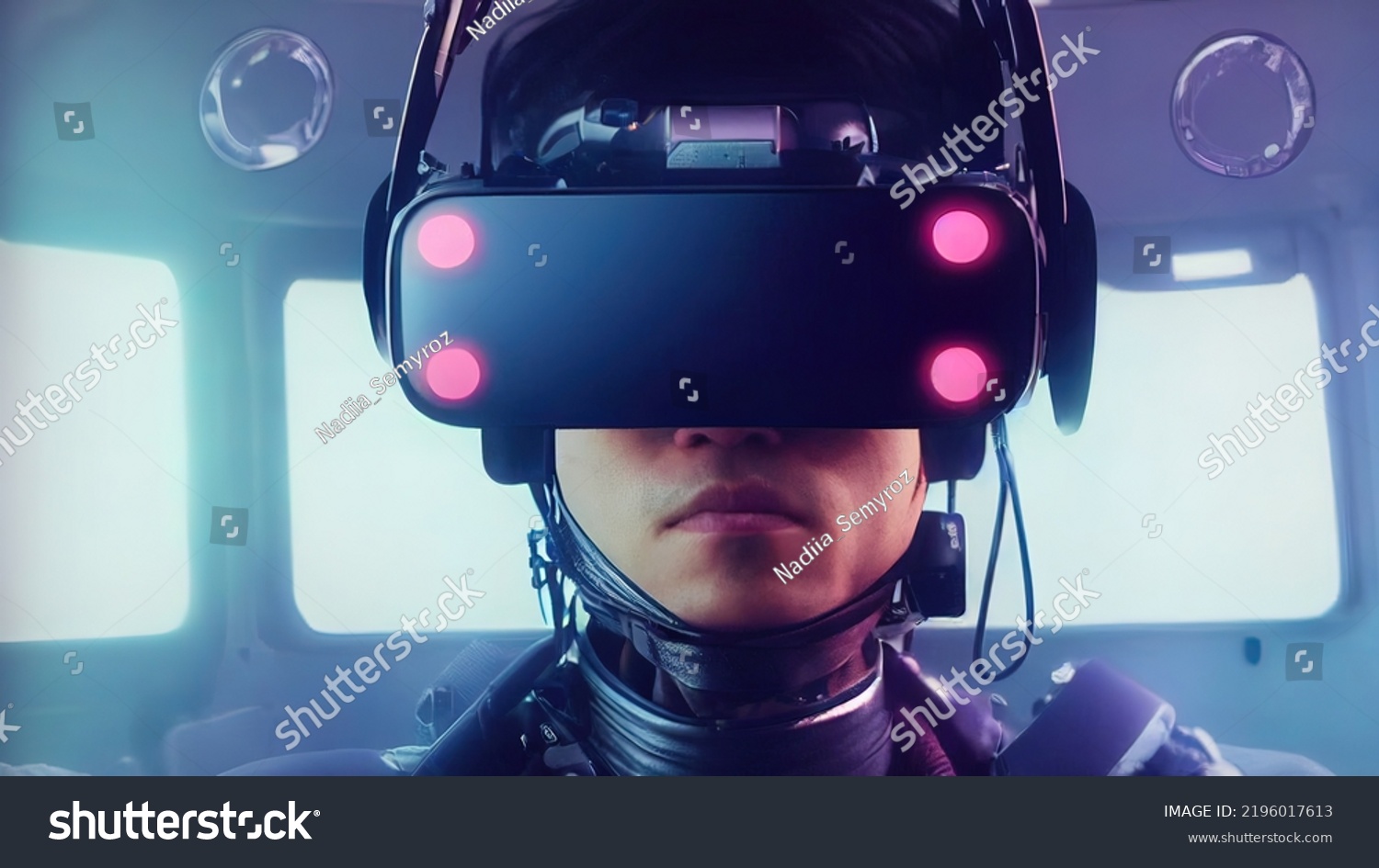 Man wearing 3d VR headset glasses looks up in cyberspace of metaverse. Virtual reality or ...